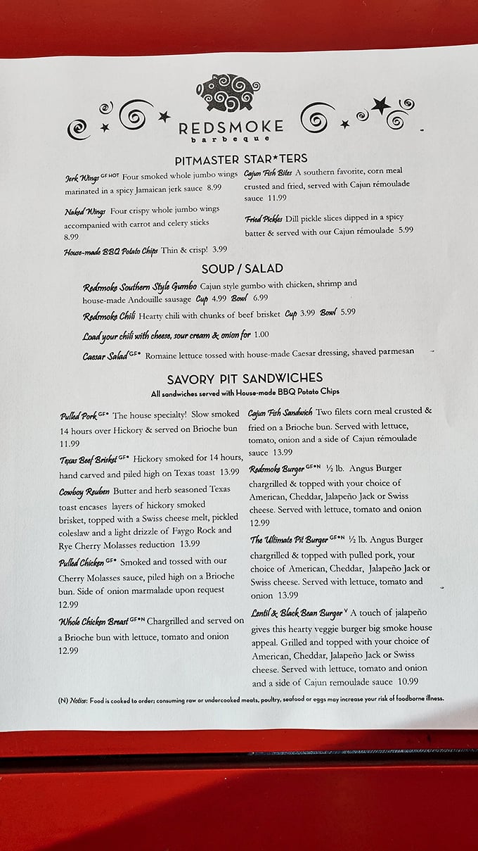 The menu reads like a love letter to regional American barbecue traditions, with each item promising the kind of satisfaction that requires extra napkins.