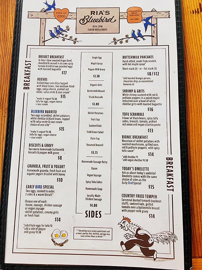 The menu tells the story: from brisket breakfast to buttermilk pancakes, Ria's doesn't just serve food—it offers edible adventures for every palate.