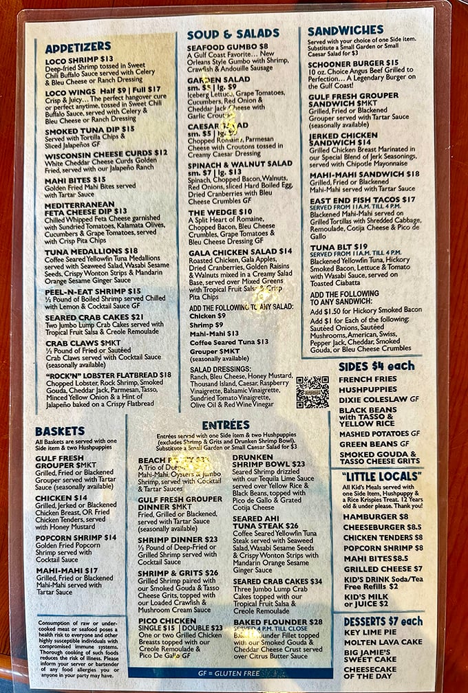 The menu reads like a love letter to Gulf seafood. Notice how "Grouper" appears multiple times? That's not an accident, folks.