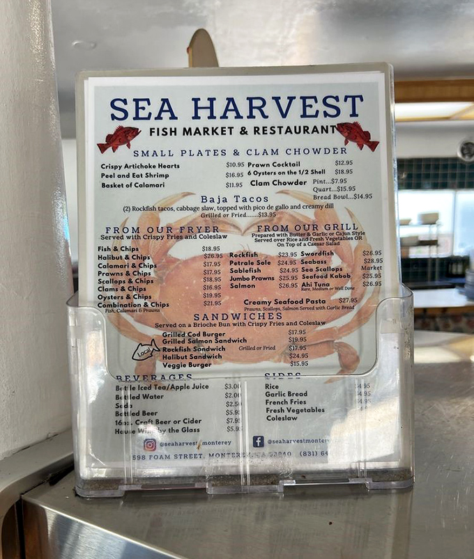 The menu at Sea Harvest reads like poetry to seafood lovers. Notice how "Fried" and "Chips" appear frequently—these people understand life's priorities.