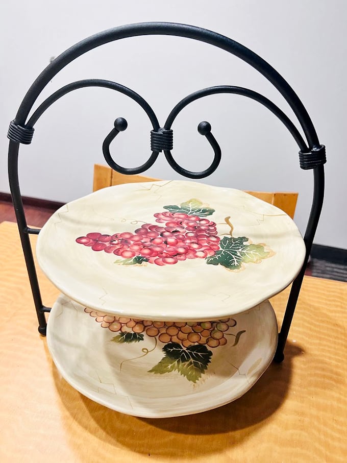 This two-tiered grape-adorned serving stand whispers of dinner parties past and brunches future—all for less than a fancy coffee.