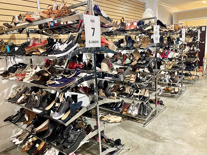 The Imelda Marcos dream sequence: rows upon rows of gently-used footwear organized by size, proving one person's castoffs become another's perfect fit.