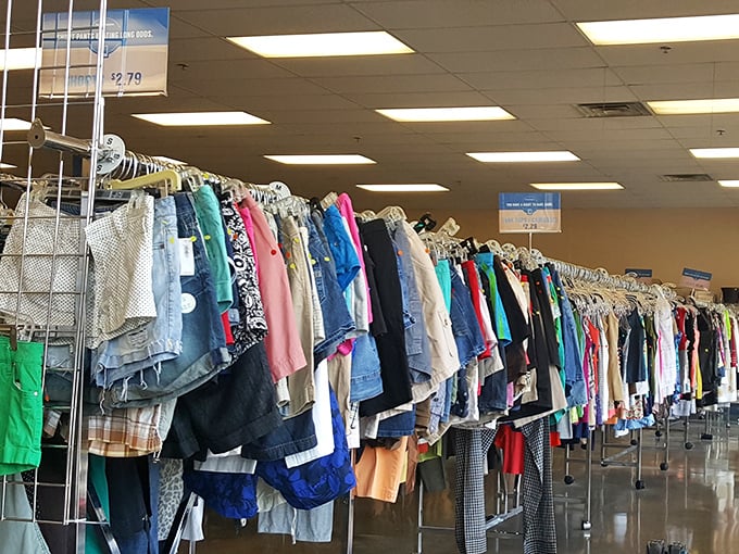 A rainbow of shorts and pants awaits new legs to fill them—each hanger a possibility, each price tag a pleasant surprise.