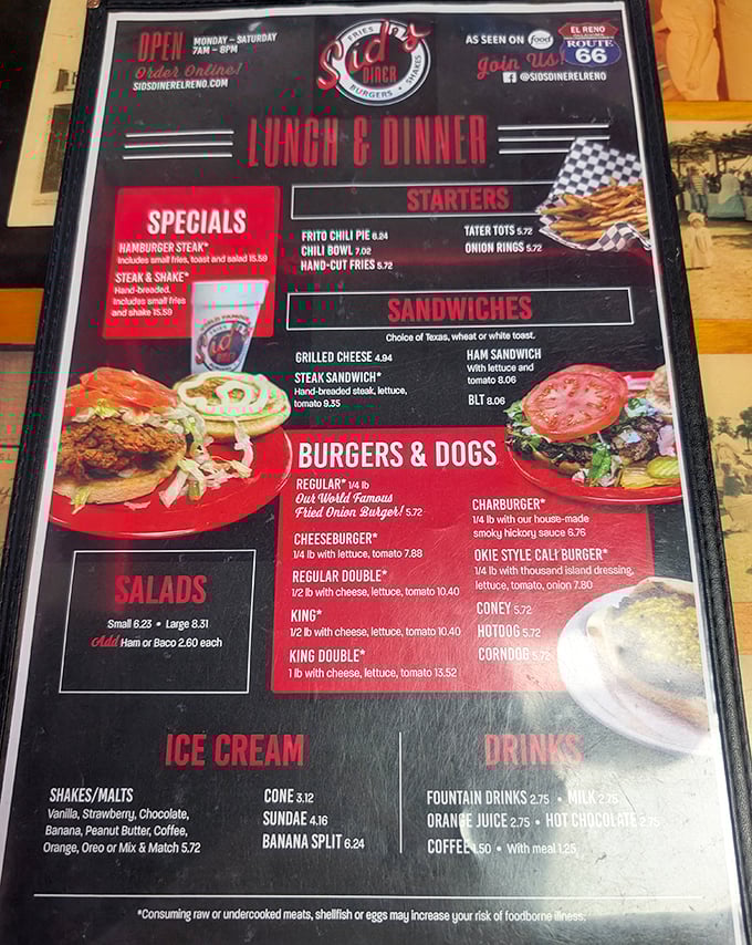 This isn't just a menu – it's a roadmap to happiness. The "World Famous Fried Onion Burger" isn't just a name, it's a promise.