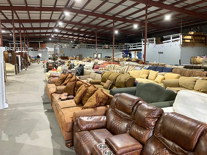 The sofa section resembles a living room showroom from every decade since the 70s—each with stories embedded in their cushions.