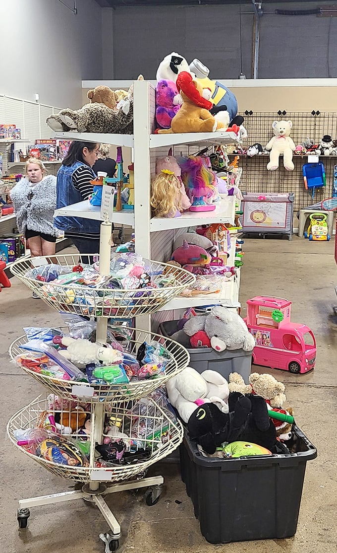Stuffed animal heaven or toy story purgatory? Either way, these plush companions are priced to find new homes where they'll be squeezed with fresh affection.