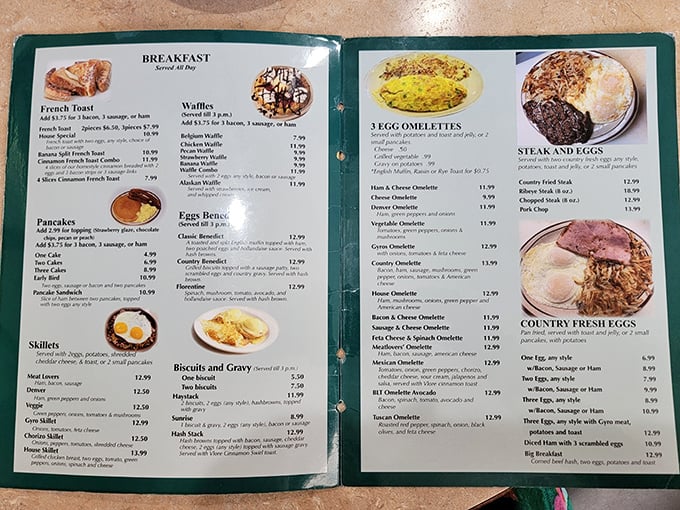 This menu isn't just a list of options—it's a roadmap to happiness. Each page offers a different route to breakfast nirvana, with detours through lunch country.