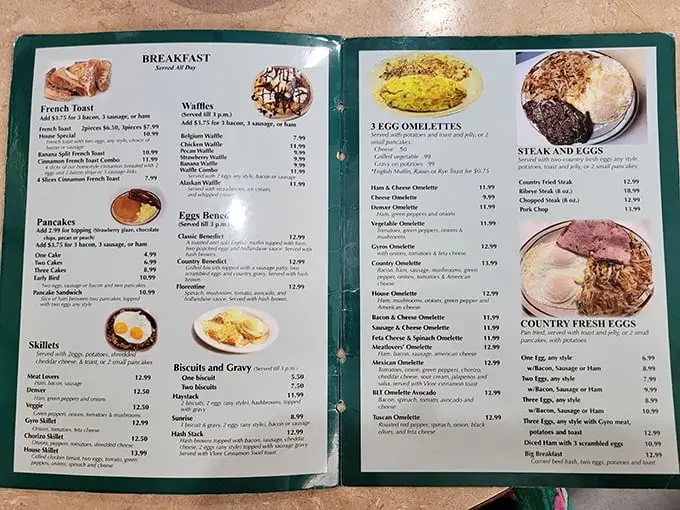 This menu isn't just a list of options—it's a roadmap to happiness. Each page offers a different route to breakfast nirvana, with detours through lunch country.