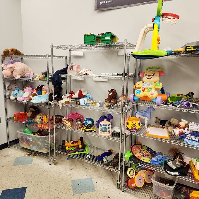 Toy shelves that could make any grandparent a hero. One person's outgrown plaything becomes another child's new favorite.