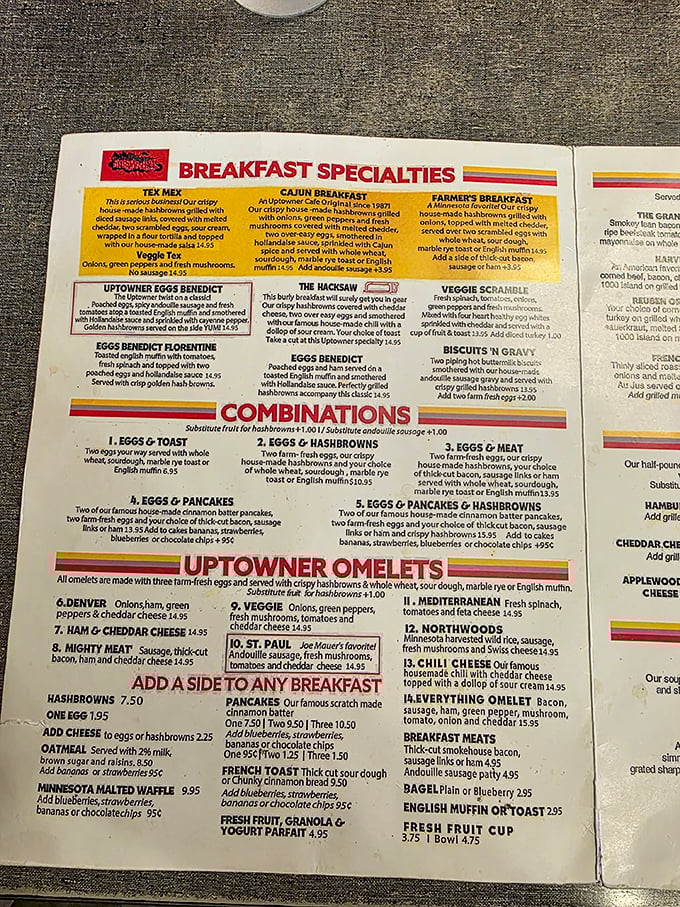 The menu reads like a love letter to breakfast possibilities. Each yellow box contains a potential life-changing morning experience.