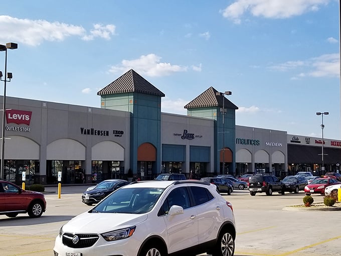 Architectural uniformity with a touch of Ozark charm. The covered walkways ensure neither rain nor shine will interrupt your quest for retail nirvana.