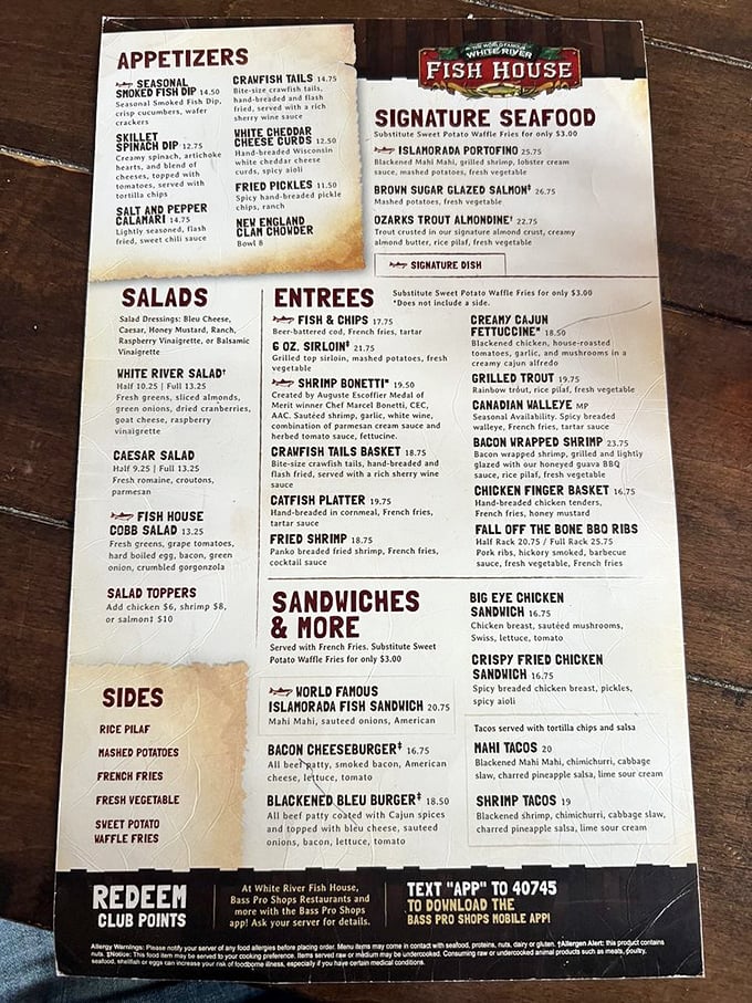 The menu reads like a love letter to American waters – from Ozarks trout to Gulf shrimp, it's a seafood road trip without leaving your table.