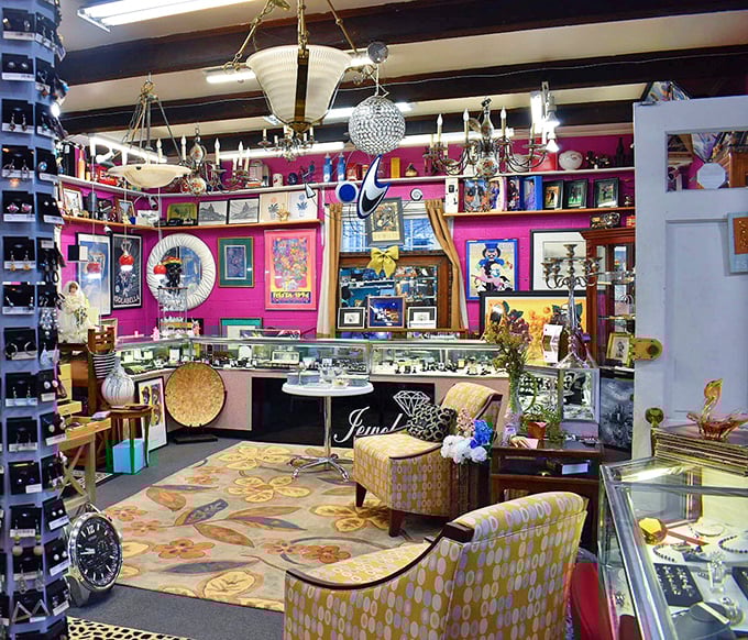 The jewelry section sparkles under vintage chandeliers, creating a treasure cave effect that would make Aladdin rethink his priorities.
