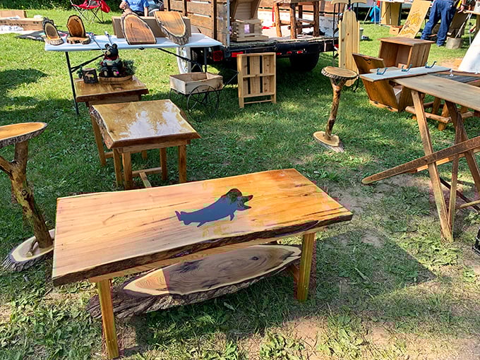 Rustic craftsmanship meets whimsy in this handcrafted table featuring a playful dachshund silhouette – proof that Wisconsin woodworkers know function needn't sacrifice personality.