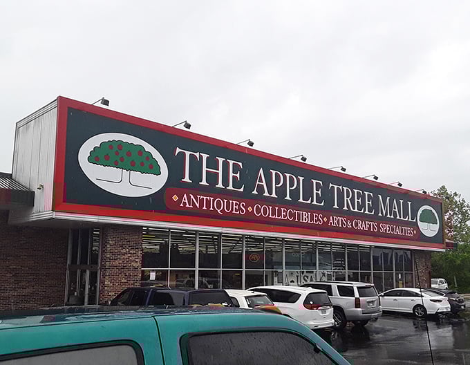 The Apple Tree Mall's brick facade promises antique adventures behind those welcoming glass doors.
