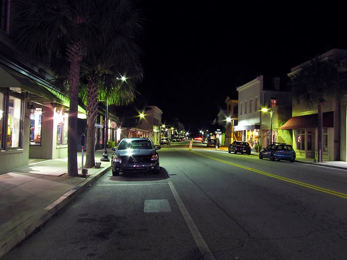 Beaufort after dark has a magical quality that no filter can improve. Those palm trees aren't just decorative—they're telling you to slow down.