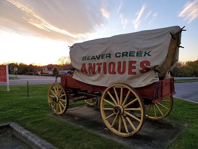 Nothing says "authentic antiques" quite like a genuine covered wagon greeting you at the front door.