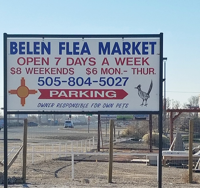 The no-nonsense sign at Belen Flea Market lays out the rules of engagement—bring cash, leave with treasures, seven days a week!