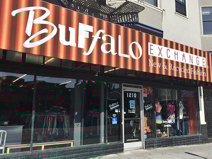 Buffalo Exchange's bold orange signage cuts through San Francisco fog like a beacon for fashion-forward thrift shoppers everywhere.