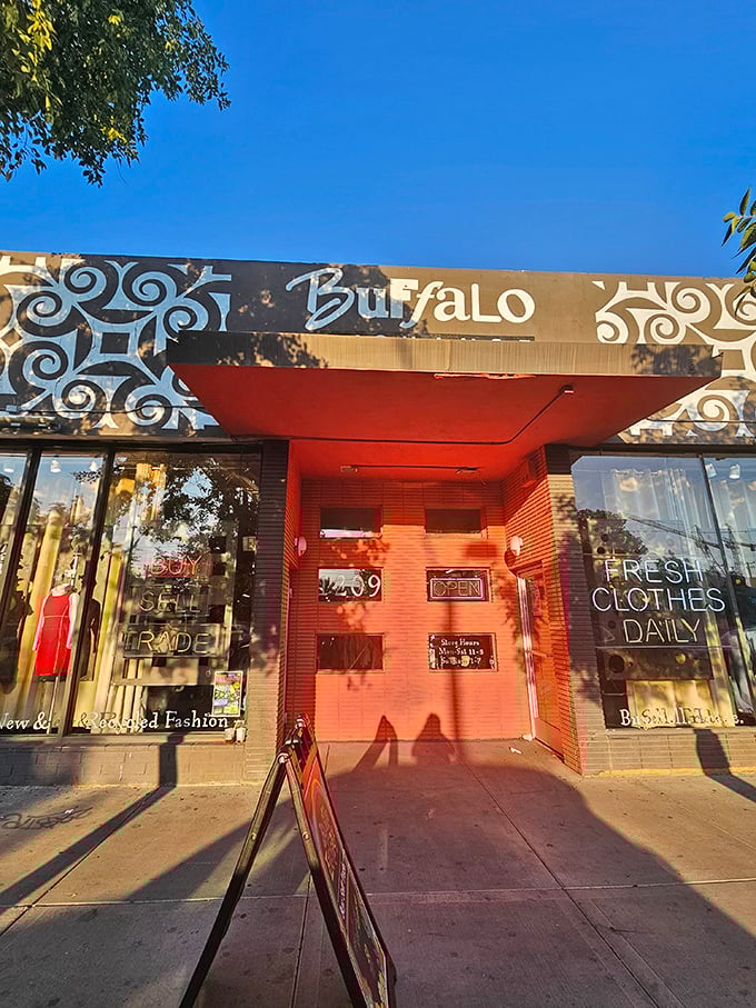 Buffalo Exchange's coral entrance is like the wardrobe to Narnia – except instead of talking lions, you'll find vintage leather jackets.