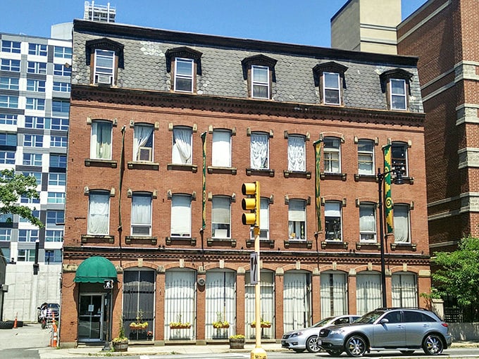 Cambridge's brick beauty hides five floors of vintage treasures. That colorful mural is just a hint of the vibrant history waiting inside.