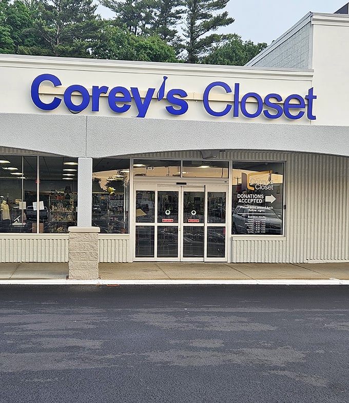 Corey's Closet stands out with its bold blue signage. This isn't your grandmother's thrift store—it's a boutique experience!