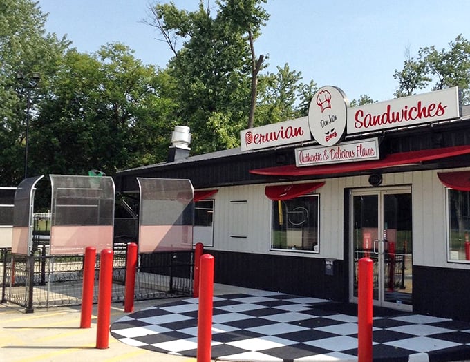 A splash of Peru in Indianapolis! Don Juan V's bold red accents and checkered patio floor are as vibrant as the South American flavors waiting inside this unassuming gem.