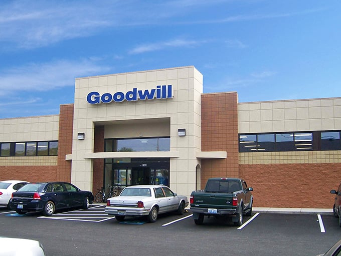 Goodwill's modern facade hides a wonderland of possibilities. Like archaeology, but with better lighting and no dirt!