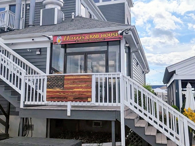 Harris Crab House: That stairway doesn't just lead to a restaurant—it's the gateway to seafood heaven with a water view.