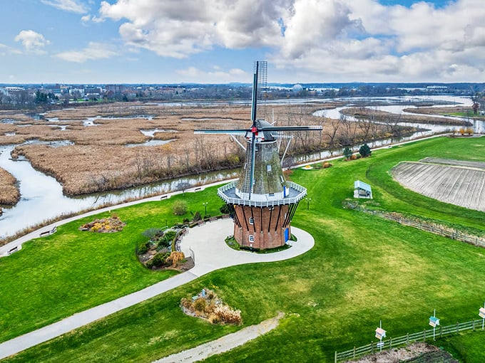 Holland's authentic Dutch windmill stands proudly, bringing Old World charm to Michigan's lakeshore landscape.