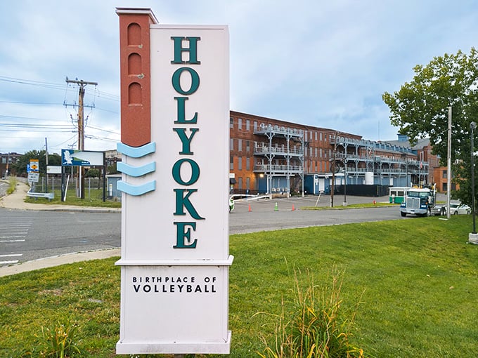 Holyoke's welcome sign promises volleyball history and budget-friendly adventures for savvy travelers everywhere.