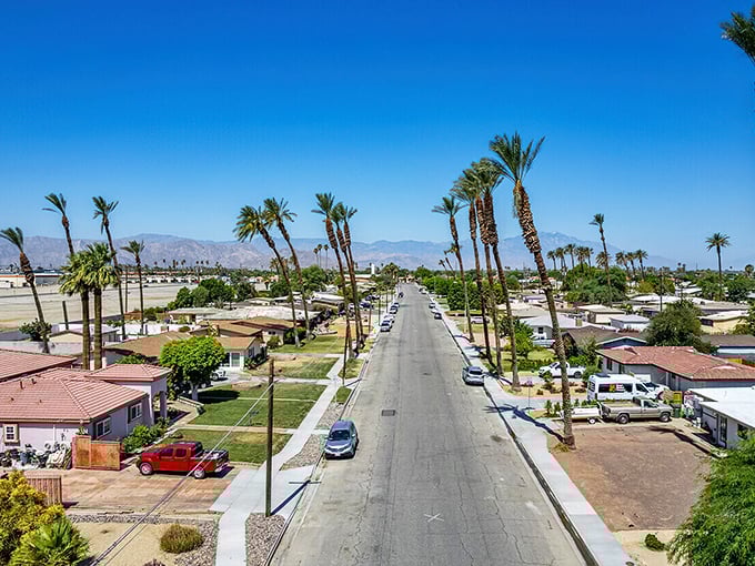 Palm-lined streets stretch toward desert mountains in Indio, where sunshine isn't just weather—it's a lifestyle choice.