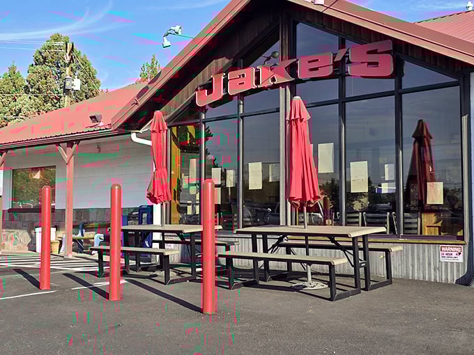 Red buildings have a way of making everything taste better - it's like dining inside pure happiness.