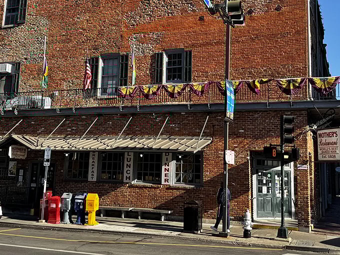 History you can taste! Mother's brick exterior might be humble, but those Mardi Gras decorations hint at the celebration happening on your plate.