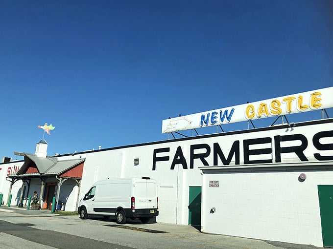 The New Castle Farmers Market sign promises fresh produce, but savvy shoppers know it's also a treasure trove of finds.