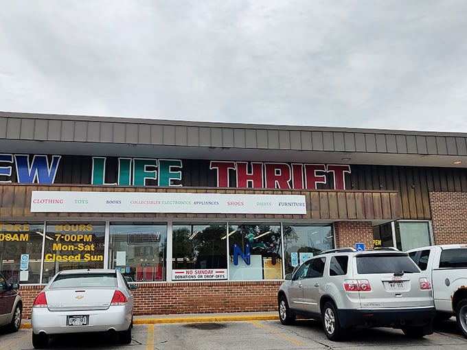 New Life Thrift's colorful storefront sign tells you exactly what you'll find inside—a rainbow of secondhand possibilities.