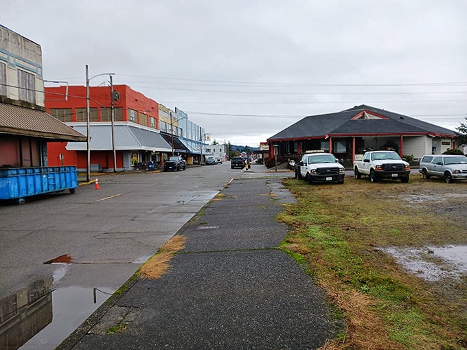 Raymond's colorful storefronts play peekaboo through the typical Washington drizzle, where pickup trucks gather like locals at the diner counter on Sunday morning.