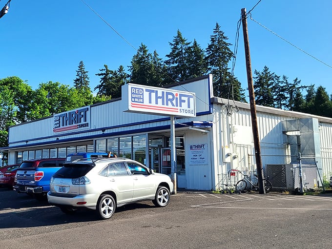 Blue walls, red trim, and 25% off Wednesdays—this thrift store's patriotic palette matches its name perfectly.