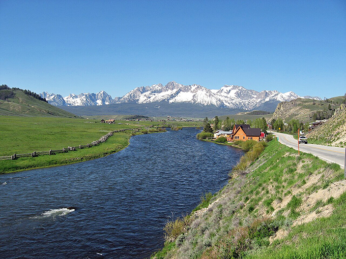 Stanley's main drag offers the ultimate "commute with a view" as the Sawtooth Mountains stand guard in the distance.