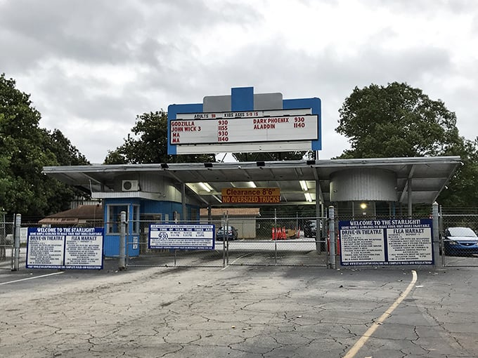 By day, this drive-in theater transforms into a bargain hunter's paradise with the iconic movie marquee watching over.