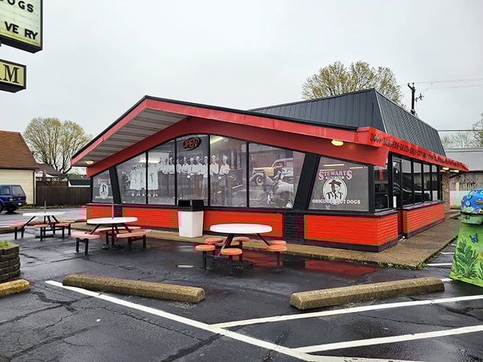 Stewart's bright red building stands out like a perfectly grilled hot dog on a plain white plate – impossible to ignore!