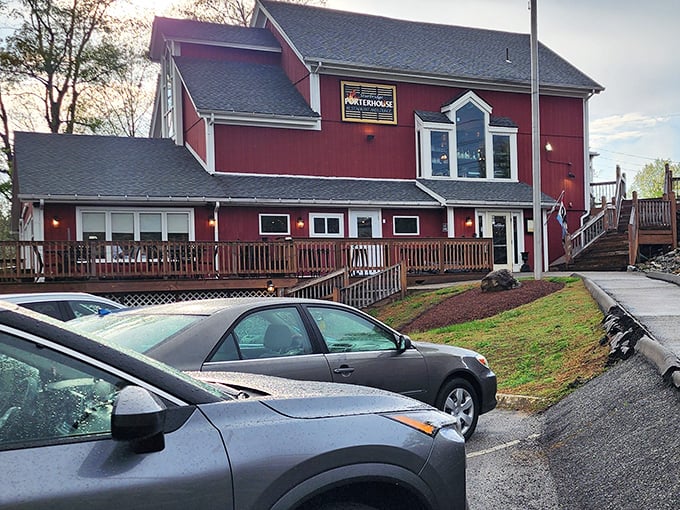 Sturbridge Porterhouse's bright red exterior is like a cardinal in winter—impossible to miss and promising warmth inside.