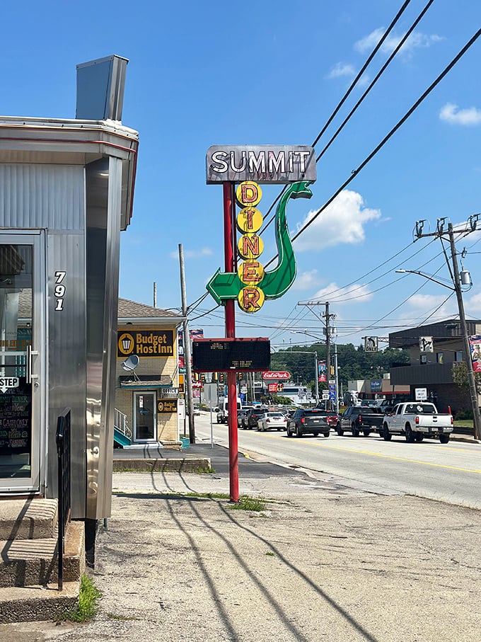 That green arrow sign at Summit Diner doesn't just point to food—it points to a Pennsylvania institution where chrome still shines and coffee never stops flowing.