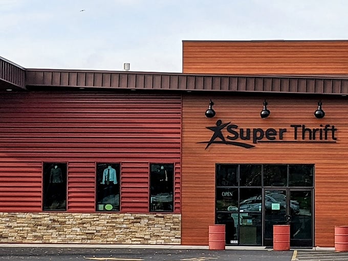 SuperThrift's sleek wood and stone exterior hints at the organized treasure trove waiting inside those doors.
