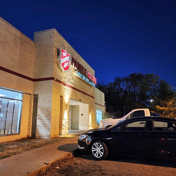 The Salvation Army's evening glow welcomes bargain hunters like a beacon of affordable hope.