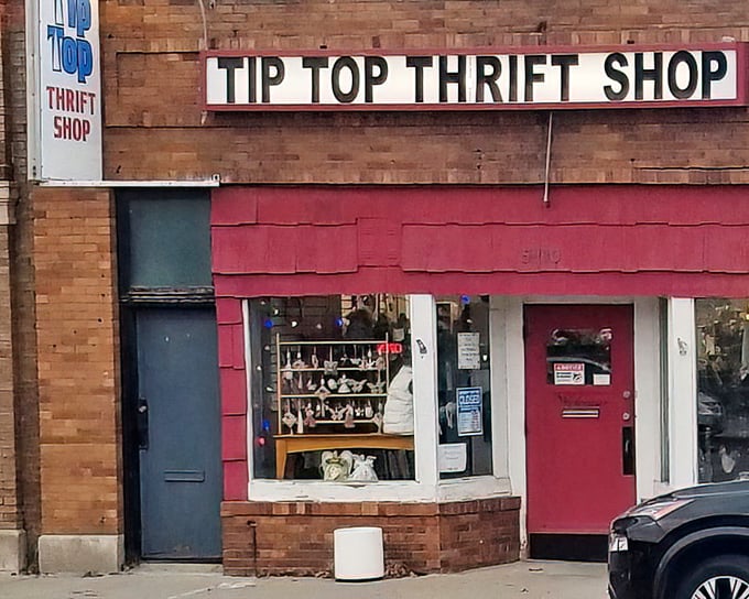 Classic brick charm meets serious thrift game - this storefront has character written all over it.