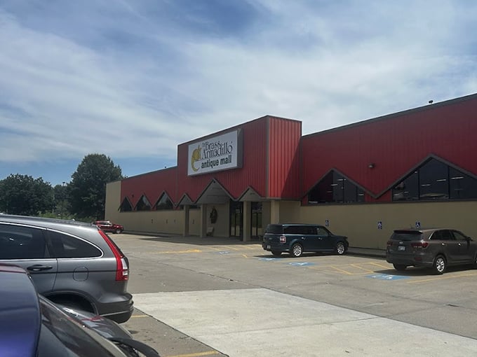 This isn't just a big red building—it's the Brass Armadillo, where treasure hunters park their cars and unleash their inner collectors.
