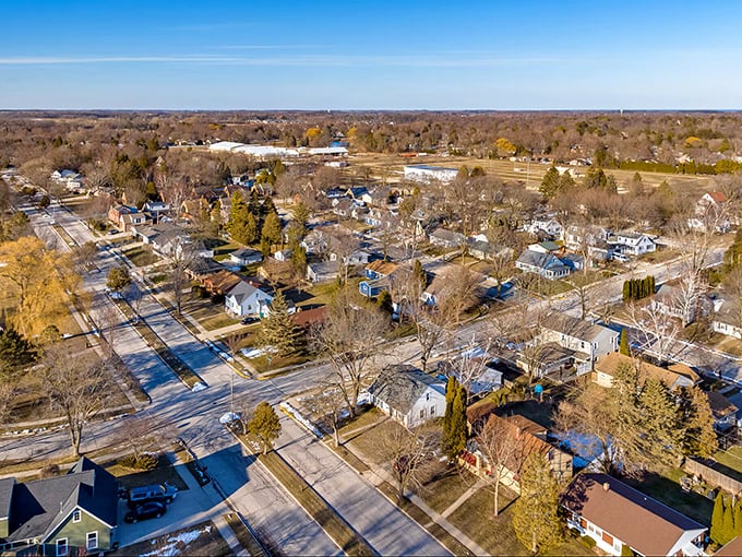 Cedarburg from above looks like America's favorite neighborhood board game come to life—each home a tiny monument to Midwest living, minus the plastic hotels.