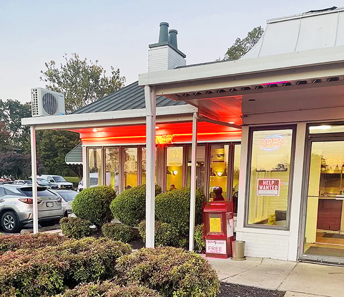 White building, green roof, and a warm glow from within – College Park Diner welcomes hungry students and professors alike.