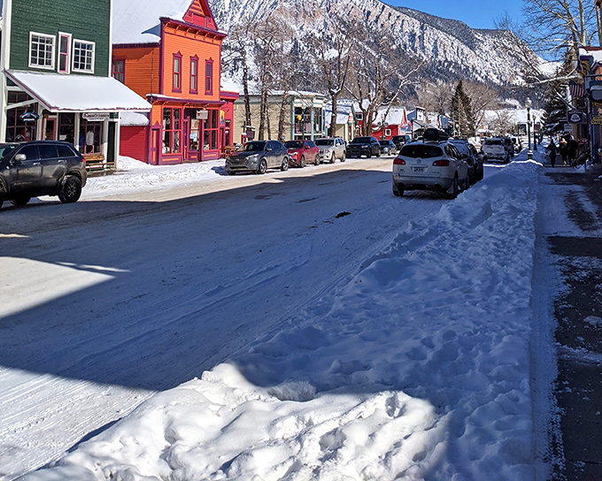 Winter transforms Crested Butte’s colorful downtown into a snow-dusted postcard framed by rugged mountain peaks.